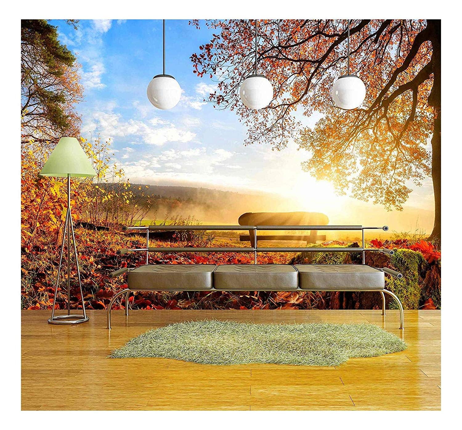 Wall26 Autumn Landscape with The Sun Warmly Illumining a Bench Under a ...