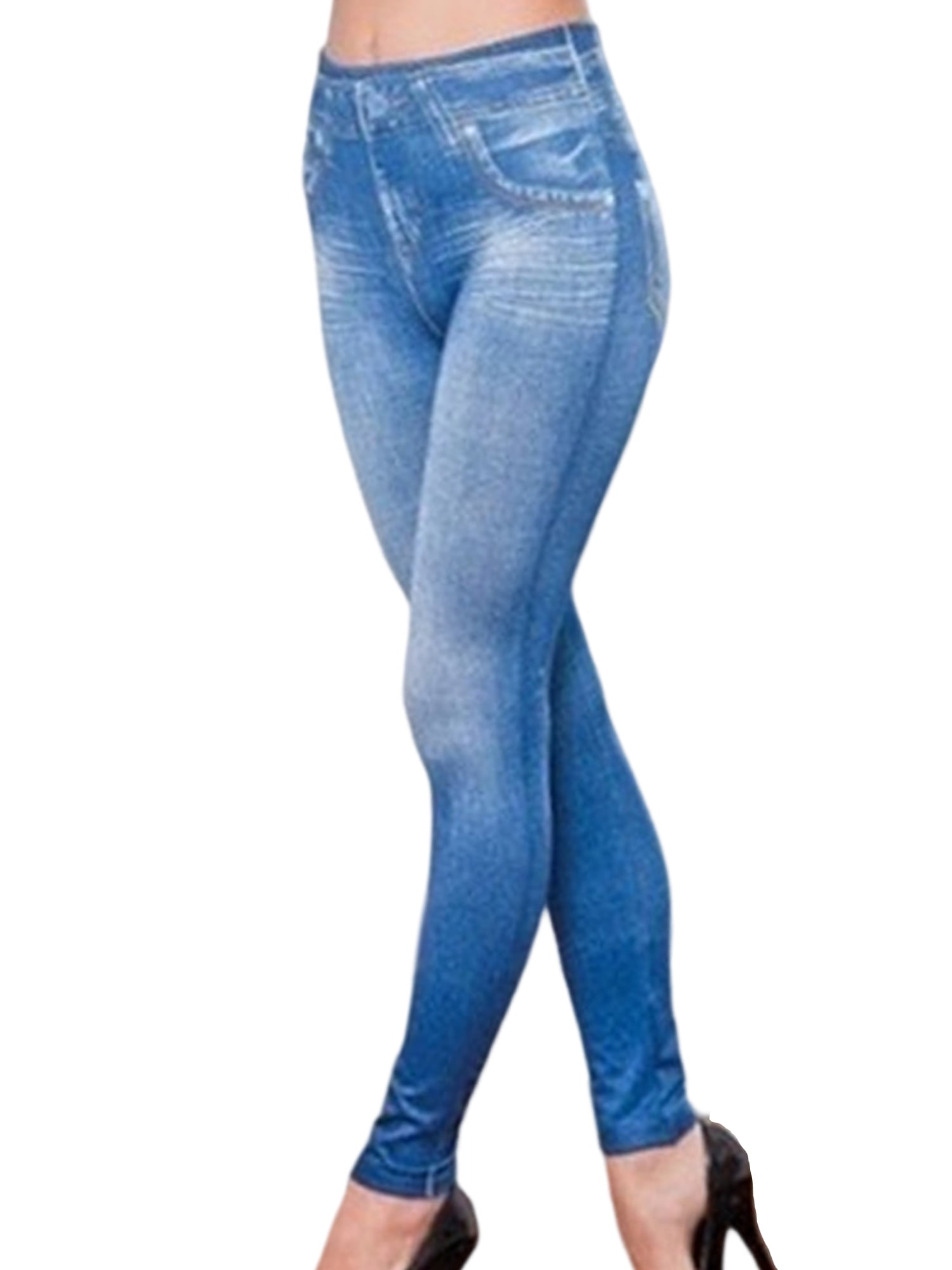 Frontwalk Ladies Fake Jeans High Waist Denim Print Leggings Seamless ...