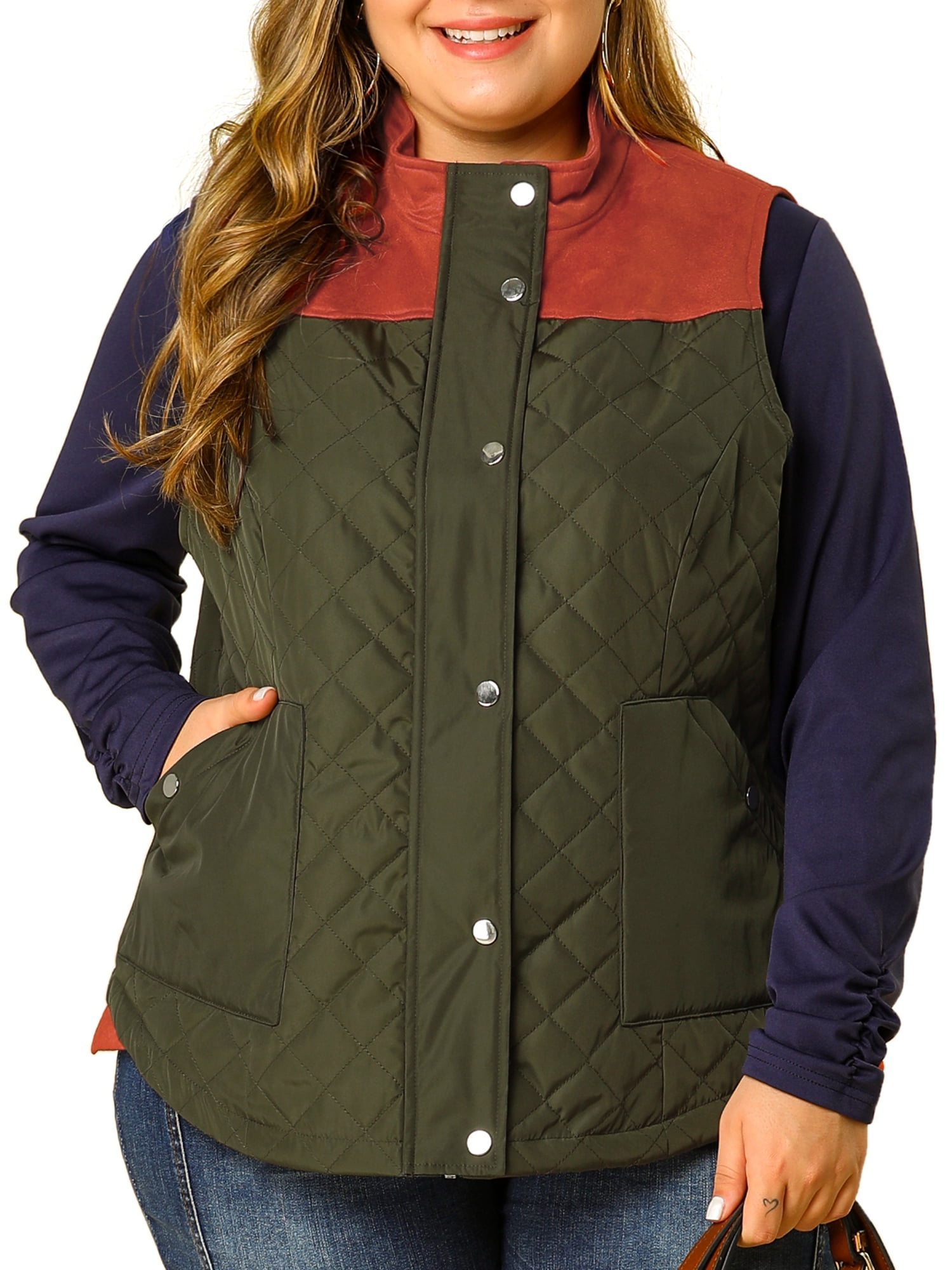 Unique Bargains Womens Plus Size Gilets Color Block Stand Collar