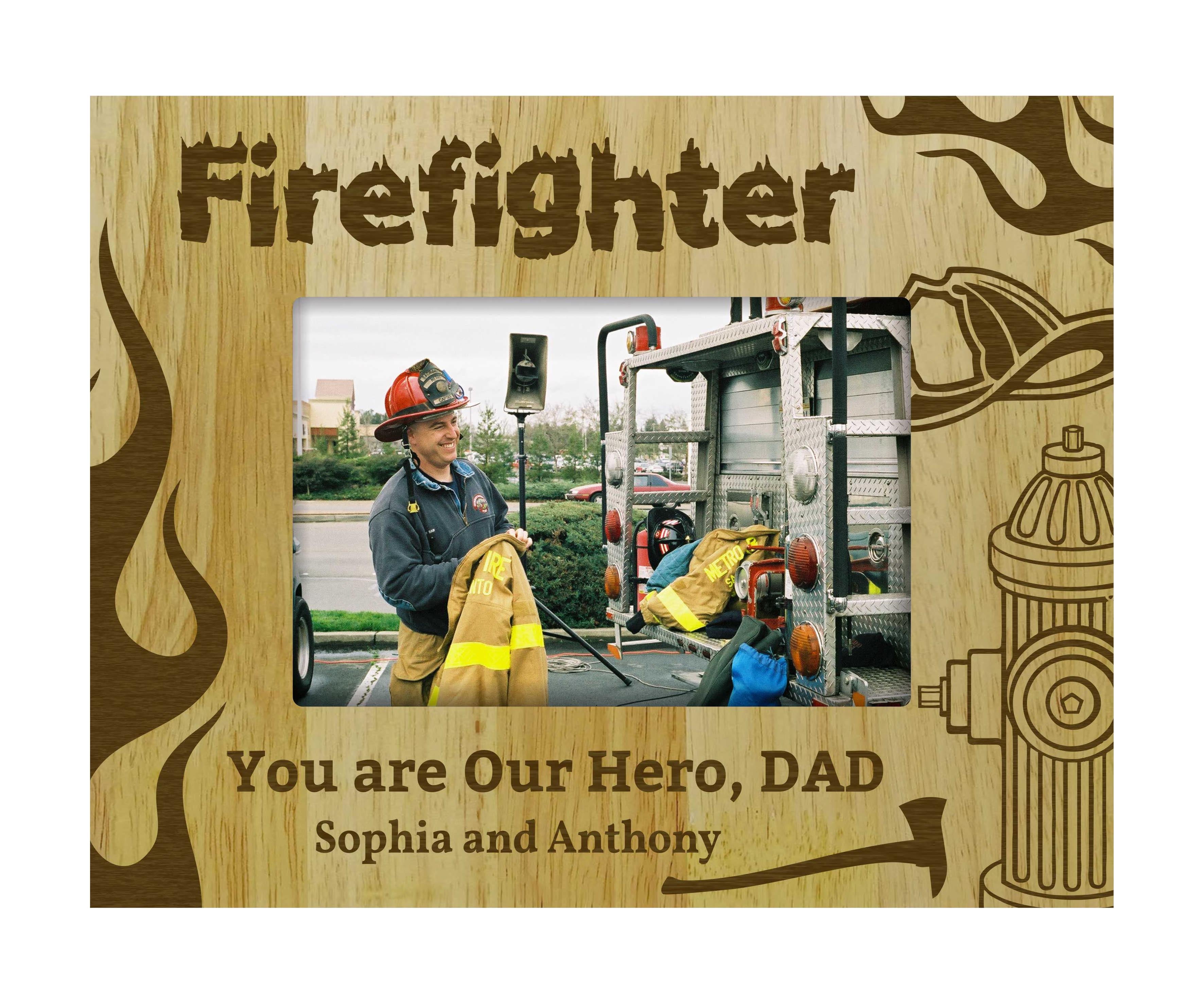 Personalized Wood Engraved Firefighter Dad Picture Frame With Kids Name ...