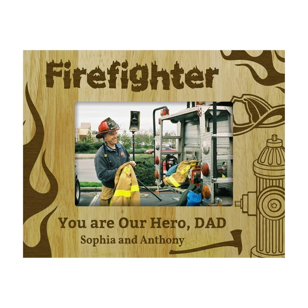Personalized Wood Engraved Firefighter Dad Picture Frame With Kids Name ...