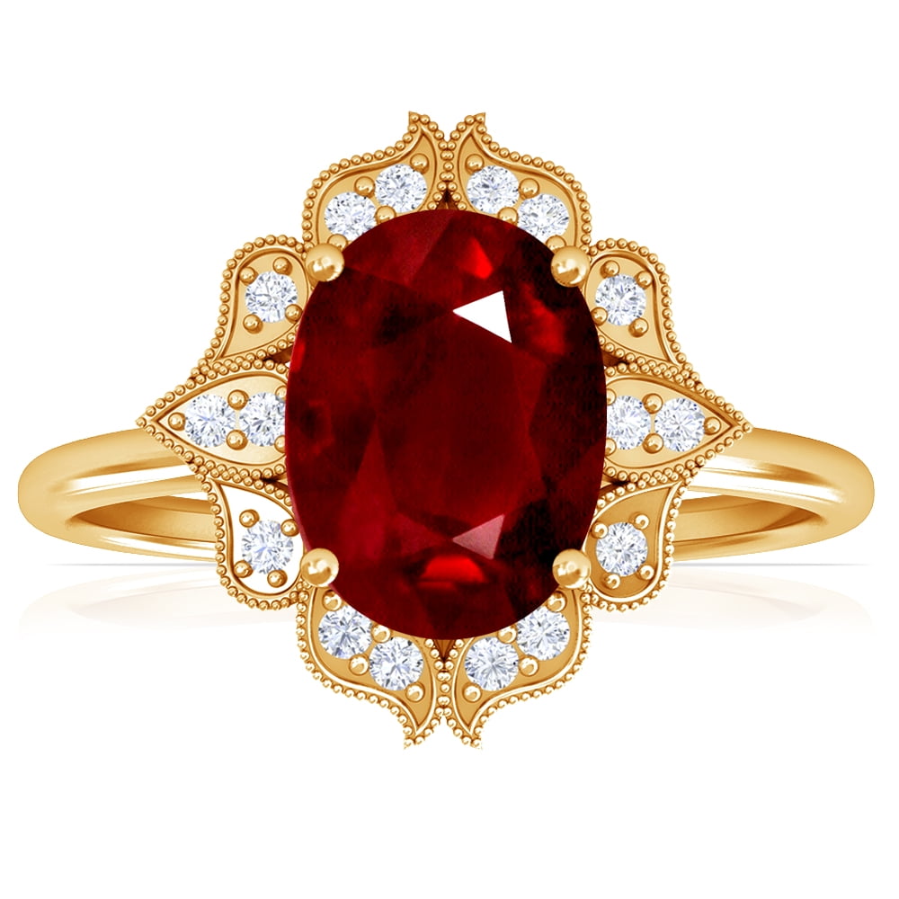 GemsNY July Birthstone - Vintage Oval Ruby Ring with Pave Set Diamond ...