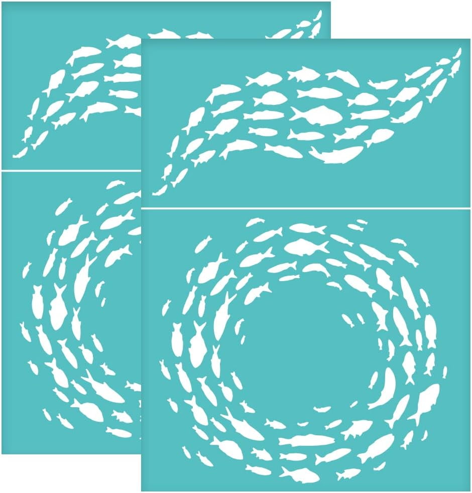 2Pcs Fish Self-Adhesive Silk Screen Printing Stencil Shoal of Fish Silk ...