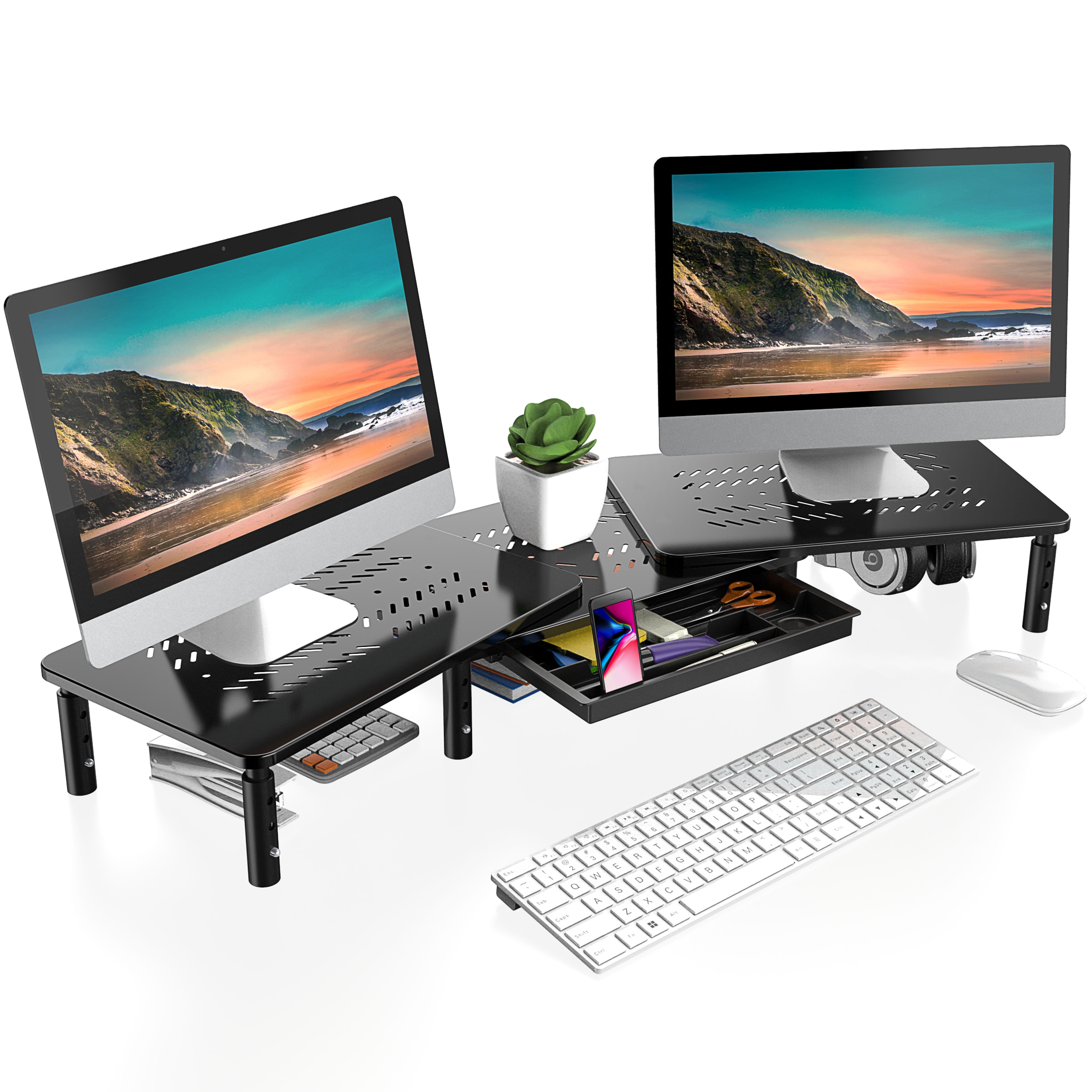 Dual Monitor Stand with Drawer - Adjustable Metal Computer Monitor ...