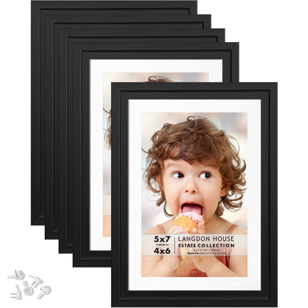 Langdon House 5x7 Black Picture Frames W/ Mats, 5 PK, Estate Tabletop ...