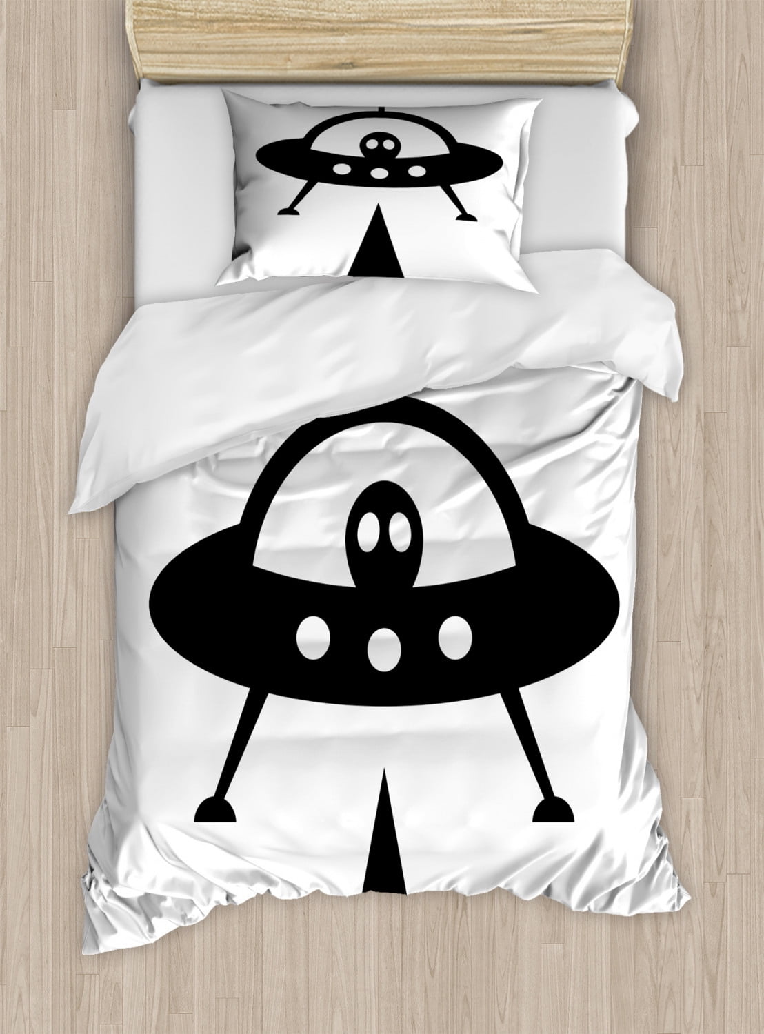 Alien Duvet Cover Set Twin Size, Monochrome UFO Stamp Look Spaceship ...