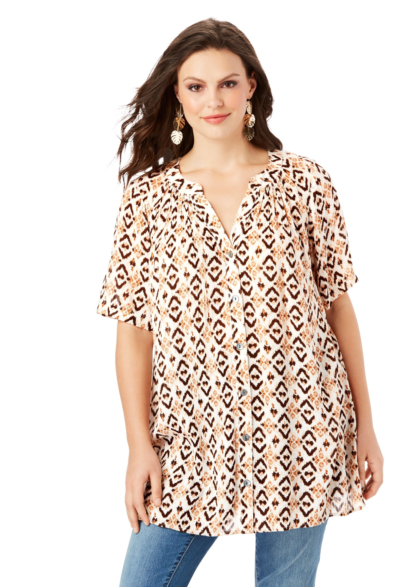 Roamans Womens Plus Size Angelina Tunic Long Button Front Shirt