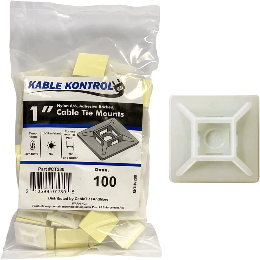 Kable Kontrol Adhesive Cable Tie Mounts - 1" Sq - Natural Nylon - 100 ...