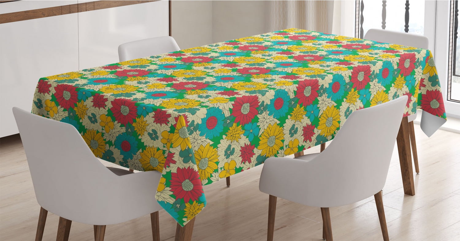 Colorful Tablecloth, Various Different Flowers Flourishing with Lively ...