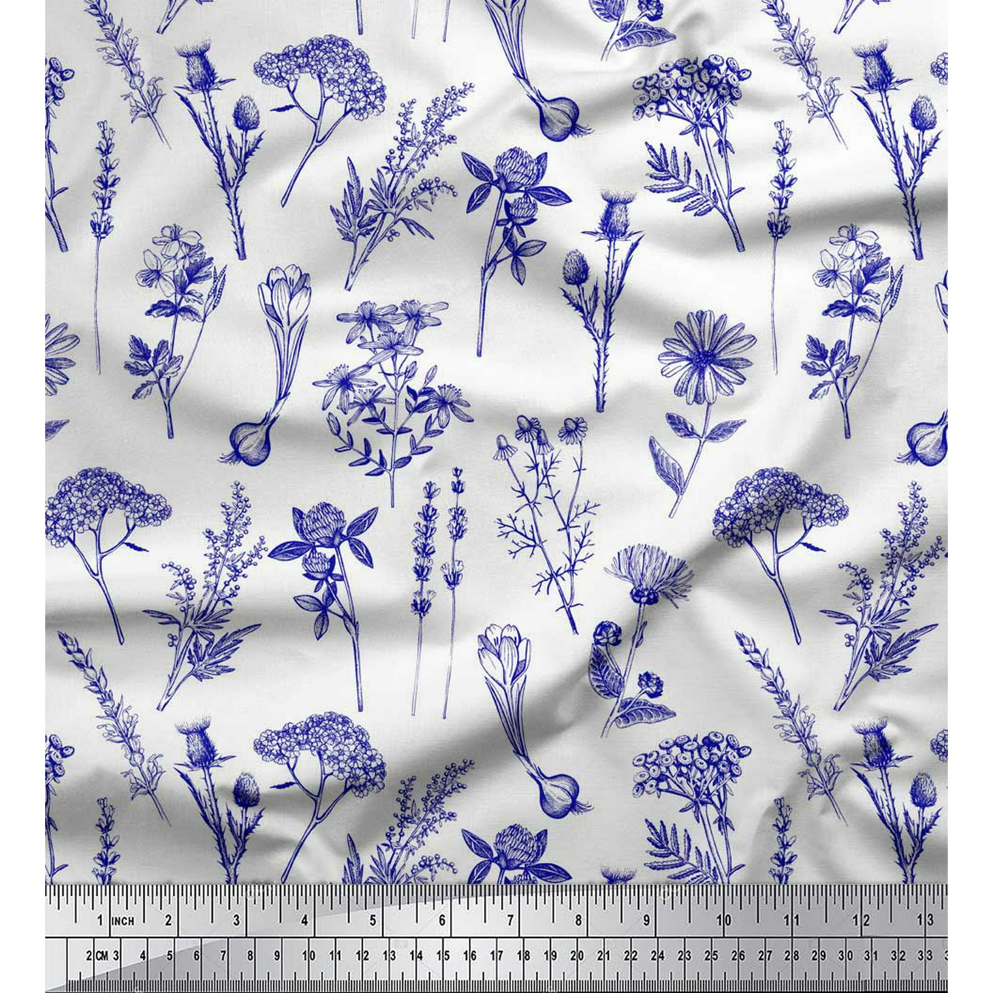 Click here for Soimoi Blue Cotton Cambric Fabric Leaves & Primros... prices