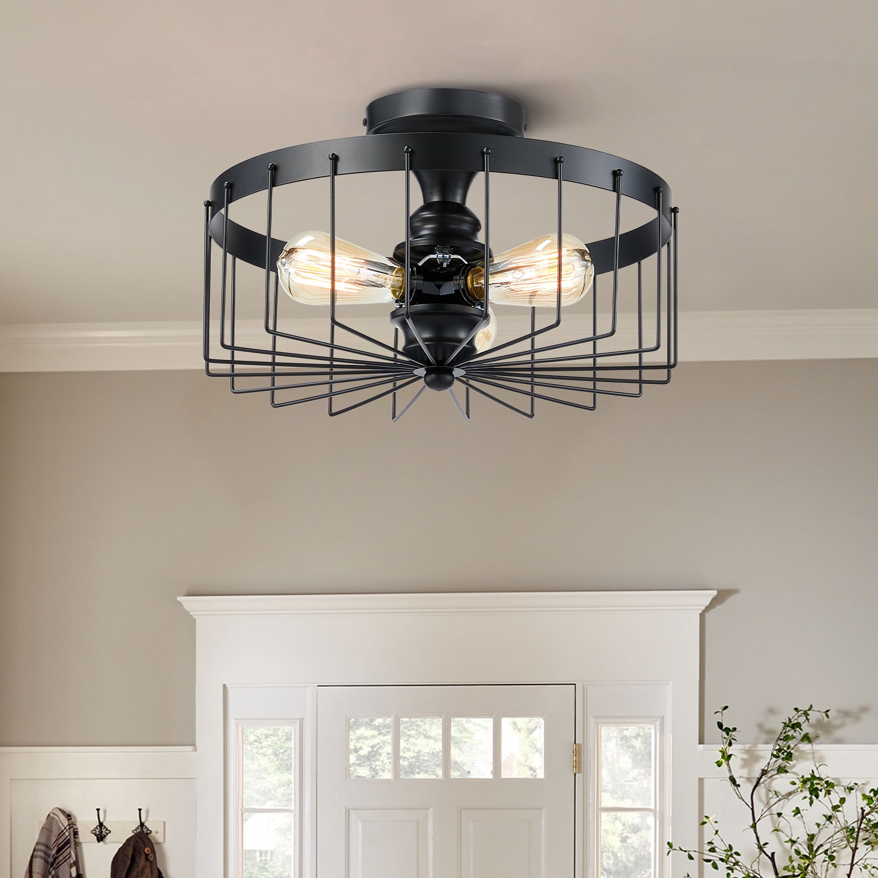 15" Ceiling Light Fixture with Retro Metal Cage Shade 3 Light Semi ...