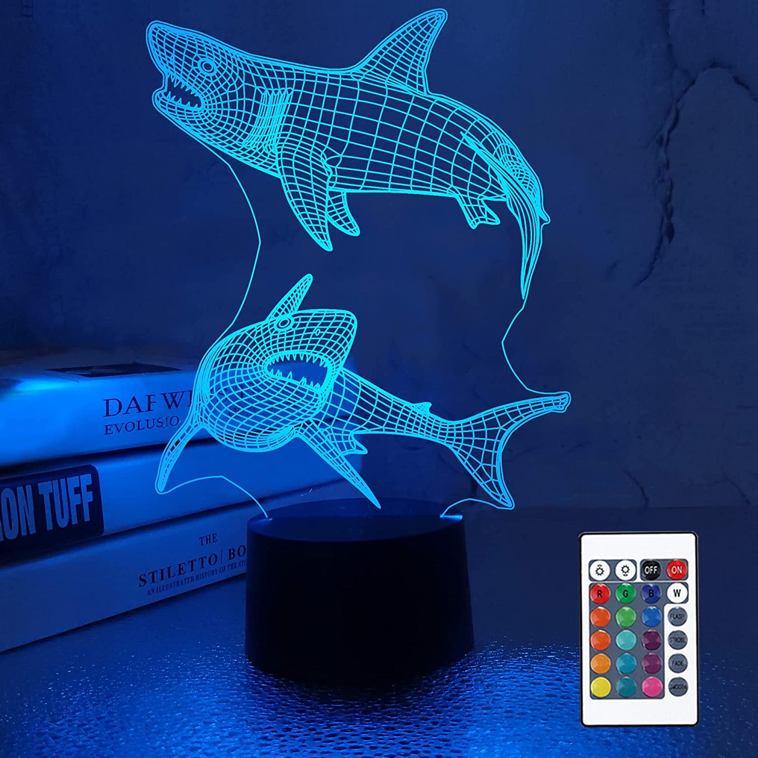 YSITIAN Kids 3D Shark Night Light Optical Illusion Lamp with 16 Colors ...