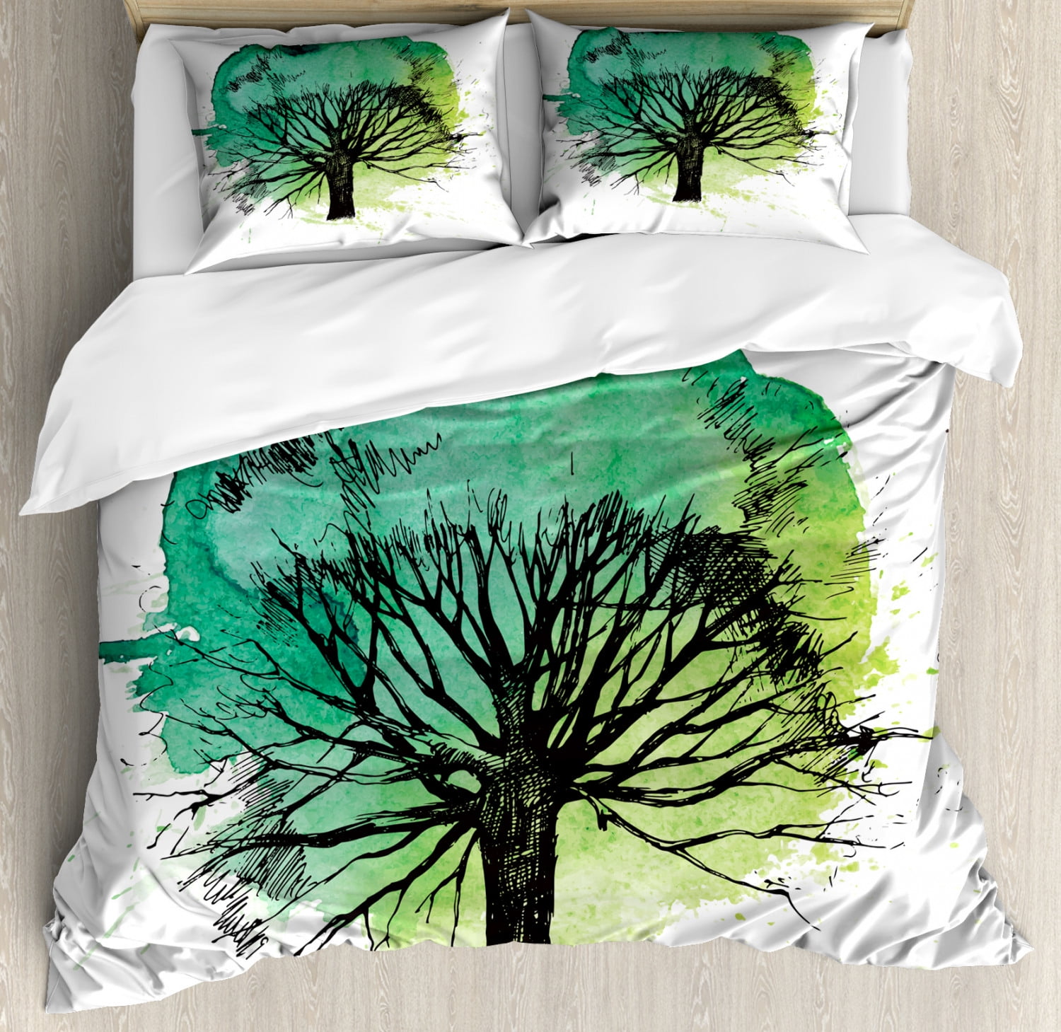 Willow Tree Duvet Cover Set Queen Size, Sketched Silhouette with ...