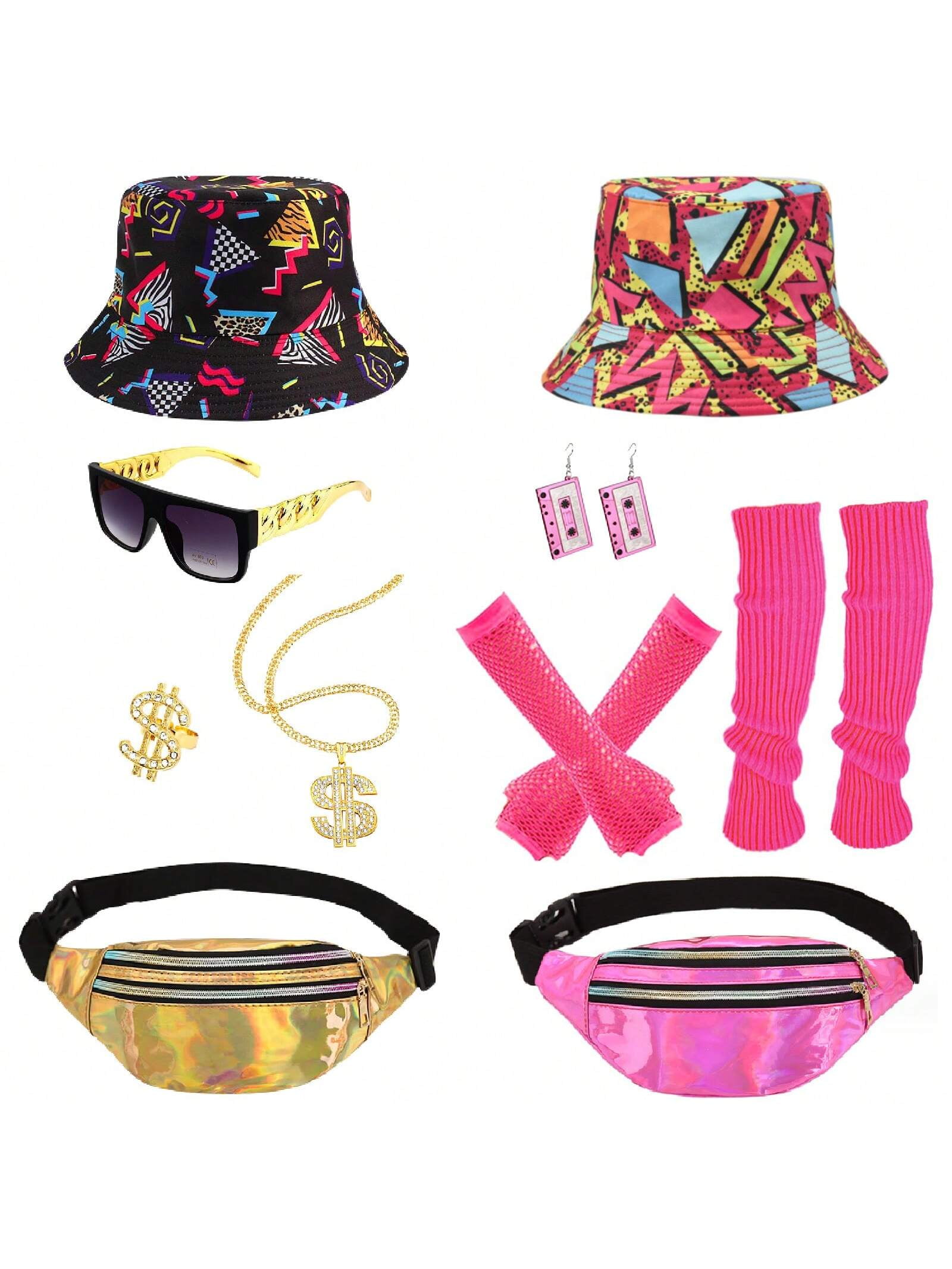 80s Hip Hop Costume Kit Pink Gold 90s Bucket Hat Holographic Fanny Pack ...