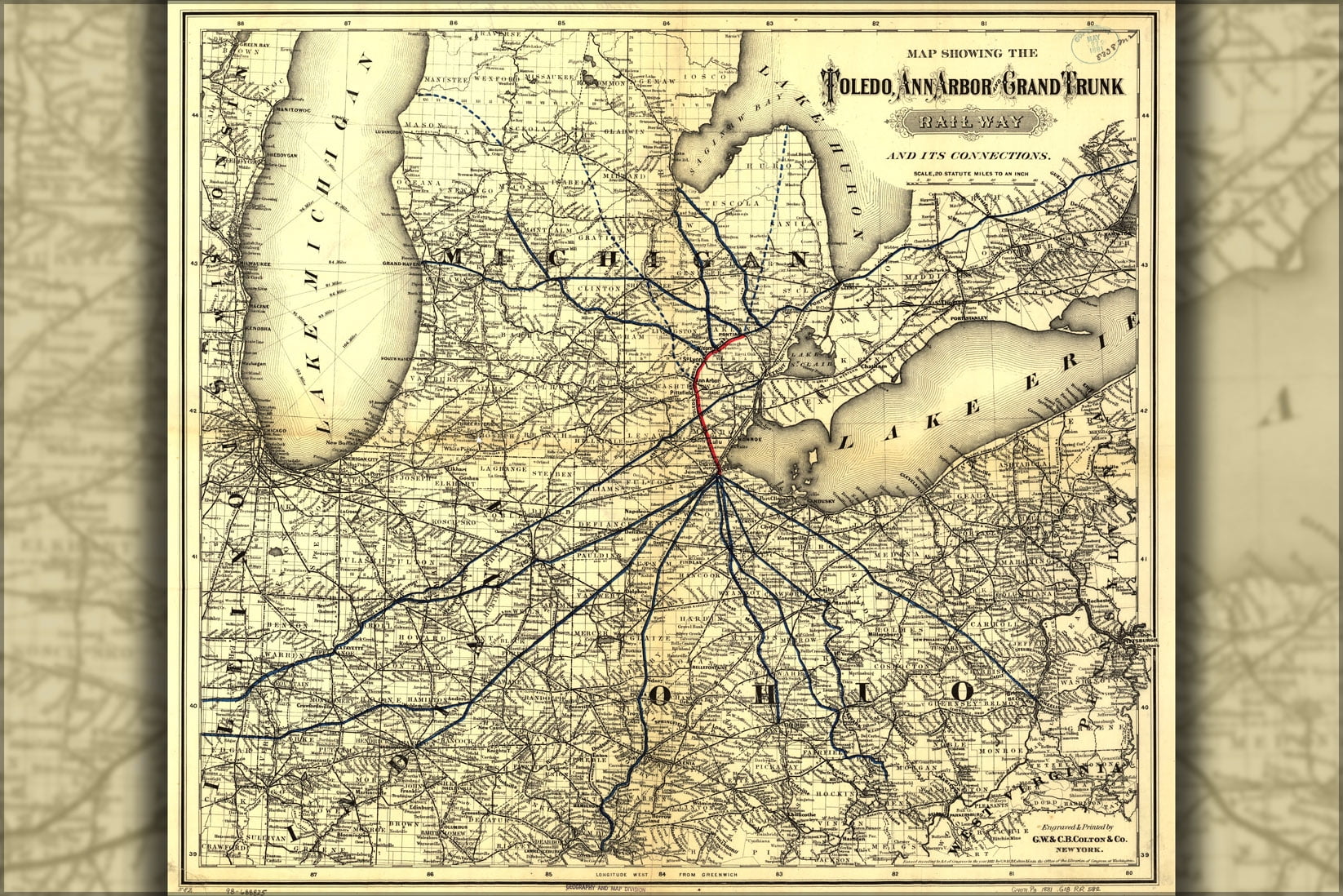 24"x36" Gallery Poster, Map Toledo Ann Arbor Grand Trunk Railroad 1881 ...