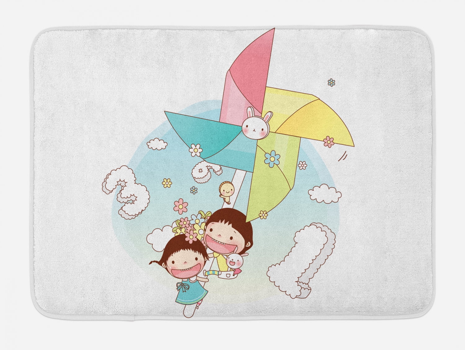 Pinwheel Bath Mat, Happy Kids Holding Giant Pinwheel Playing with Kitty ...