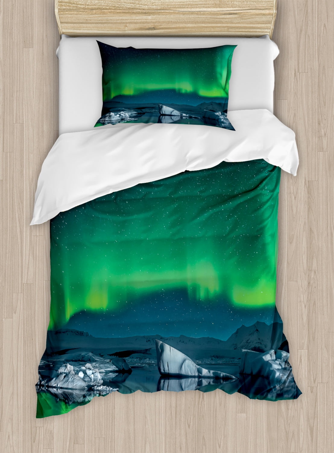 Alaska Twin Size Duvet Cover Set, Aurora Borealis under the Starry Sky ...