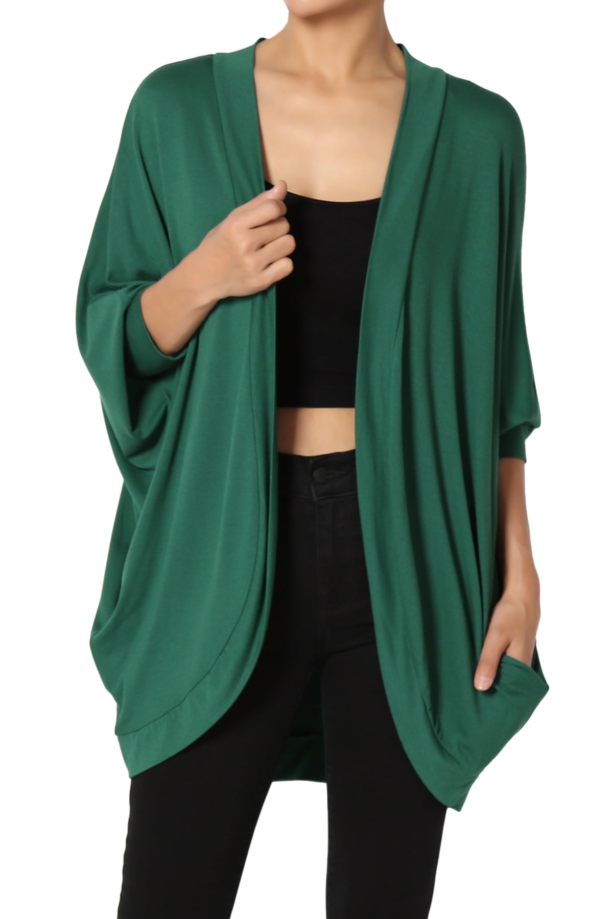 TheMogan Women's S~3X Cocoon Draped Crepe Long Sleeve Oversized Open ...