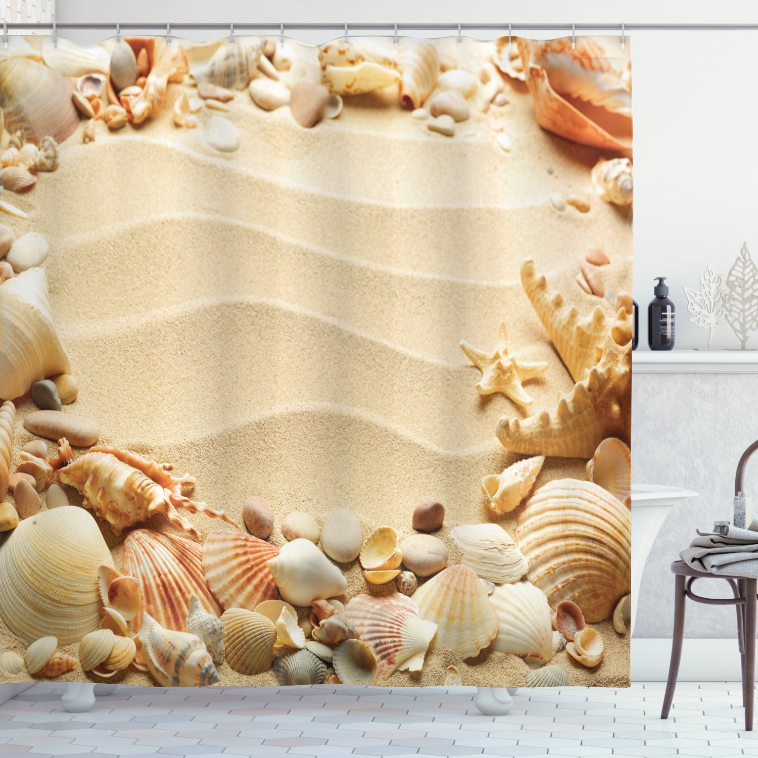 Ambesonne Shell Shower Curtain, Blurry Ocean Seashells Sandy, 69"Wx84"L ...