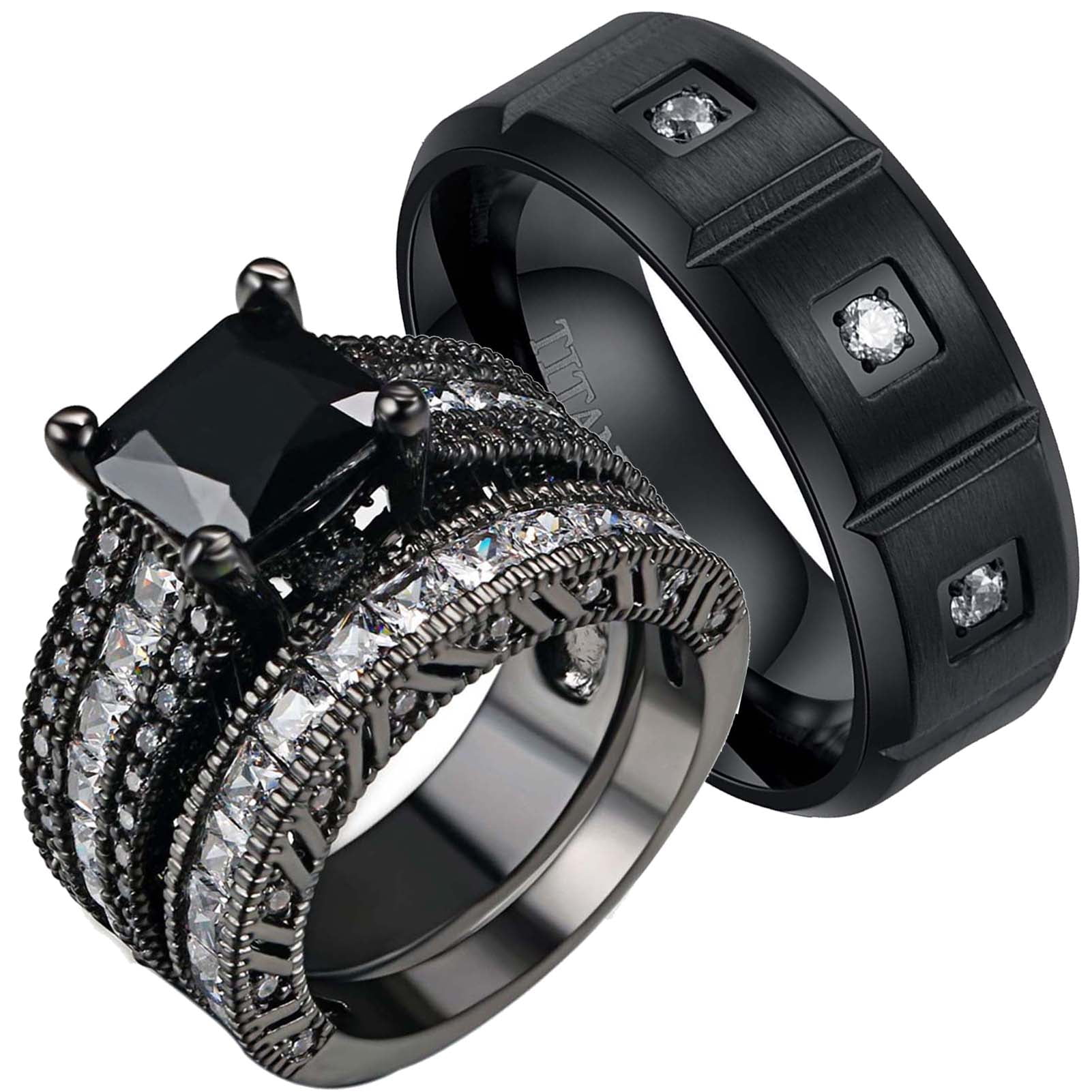 Black Matching Rings His and Her Rings Couple Rings 1.5 ct CZ Wedding ...