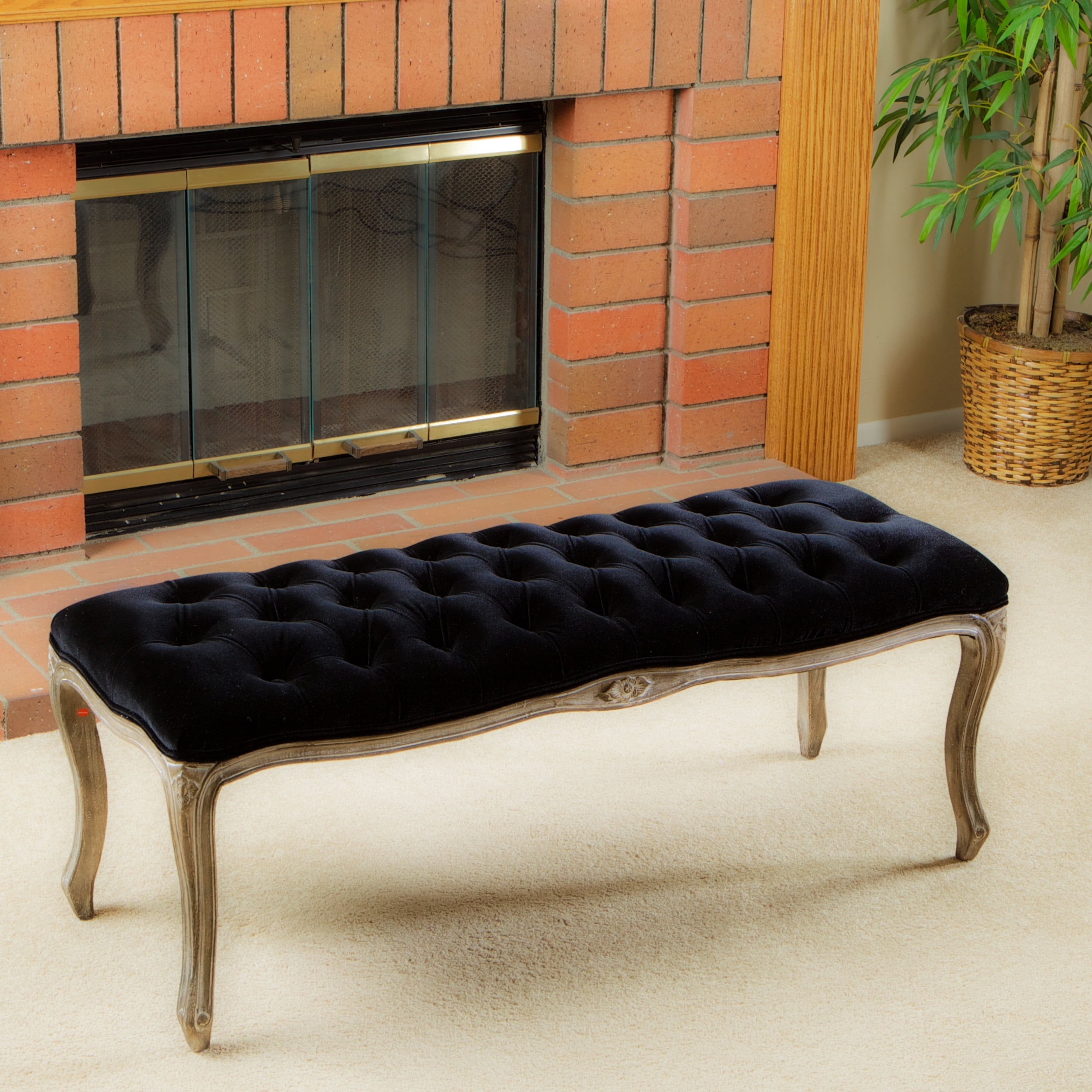 Noble House Hannah Traditional Button Tufted Velvet Bench, Natural and ...