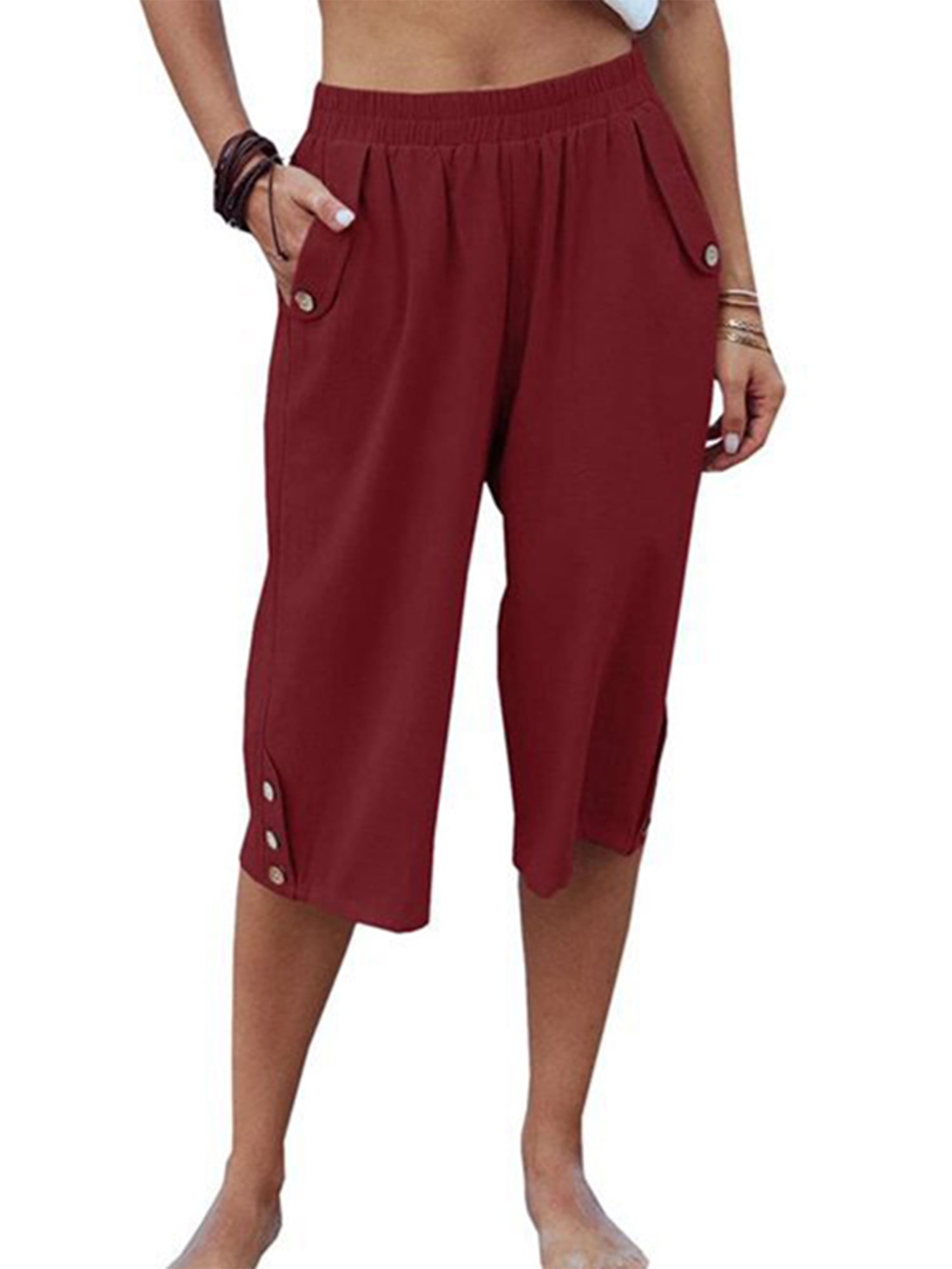 Grianlook Capris For Women Loose Lounge Cotton Capris Elastic High ...