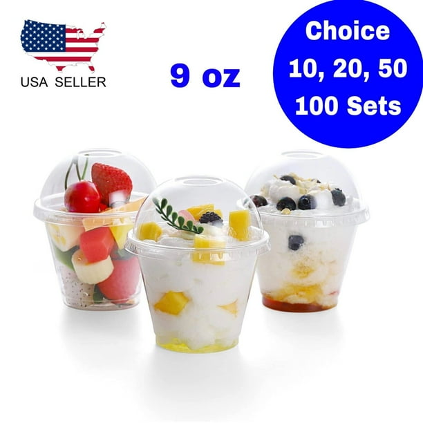 9 oz Clear Plastic Cups with Dome Lids With Hole Dessert Cold Drink ...