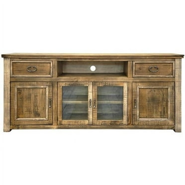 70 in. Blue & White Solid Wood Open Shelving Distressed TV Stand ...