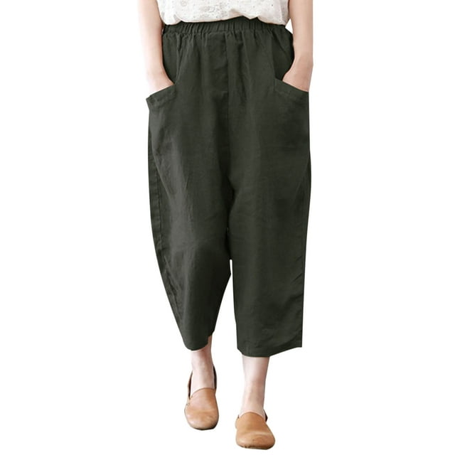 Zanzea Womens Trousers Casual Elastic Waist Two Pockets Pure Color
