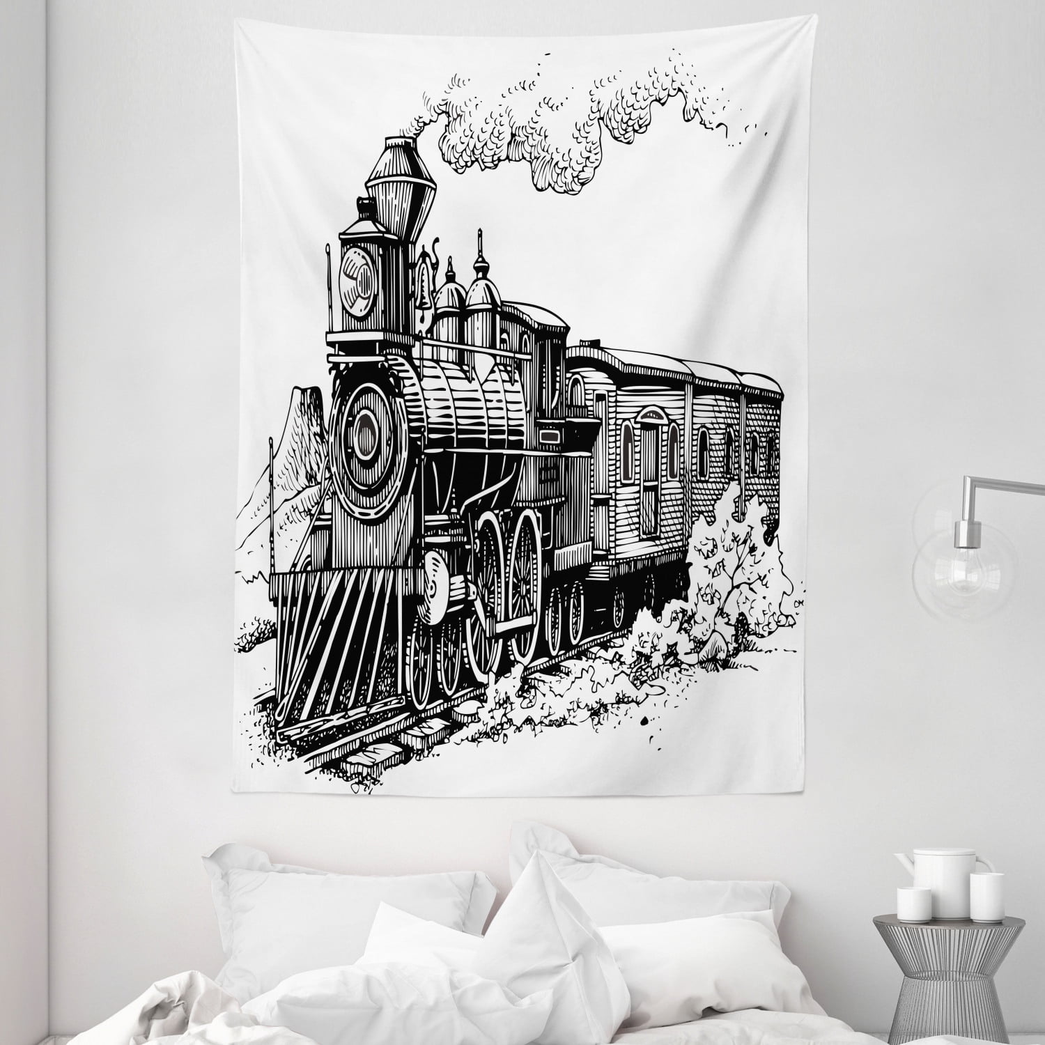Steam Engine Tapestry, Rustic Old Train in Country Locomotive Wooden ...