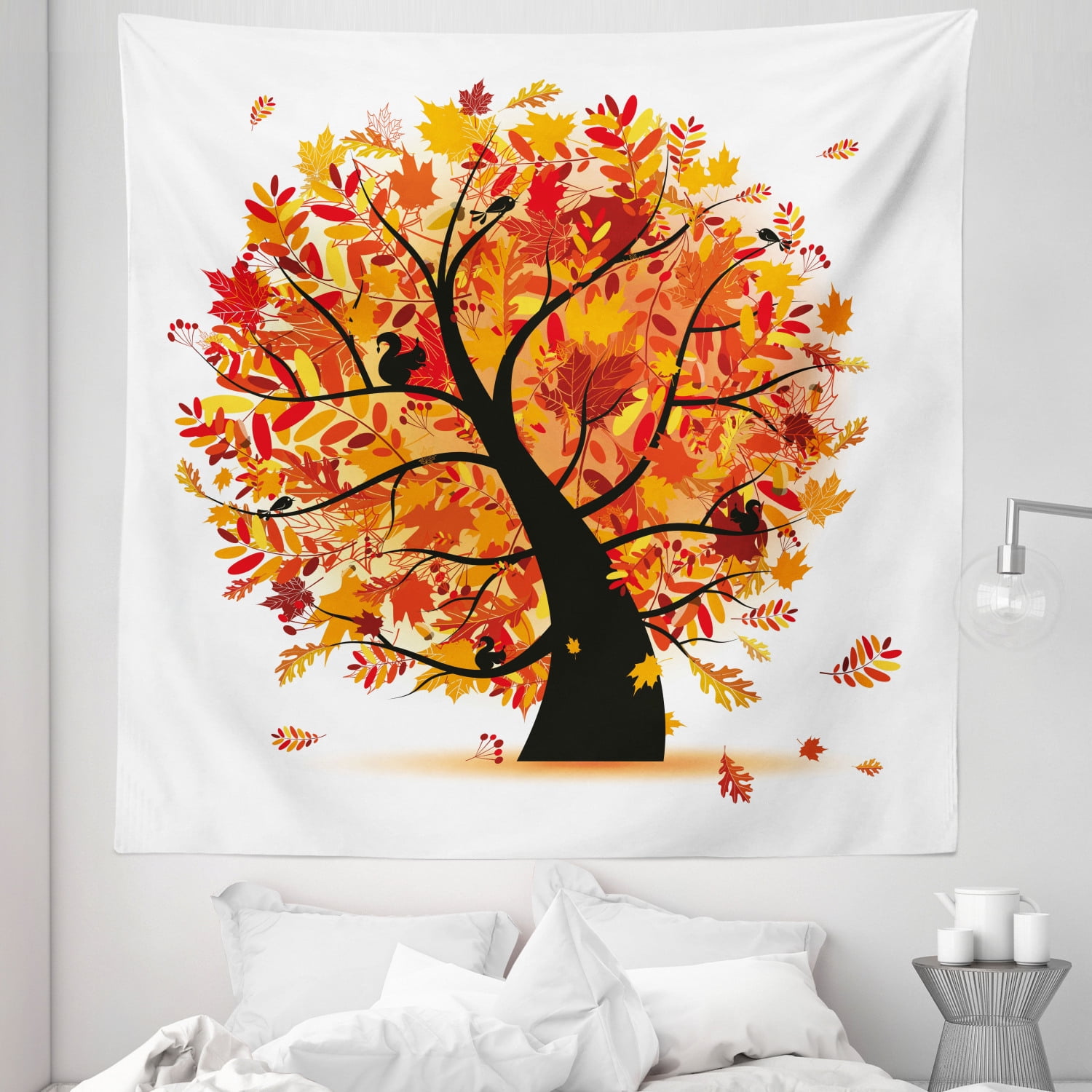 Fall Tapestry, Curvy Tree with Various Different Falling Leaves Cartoon ...