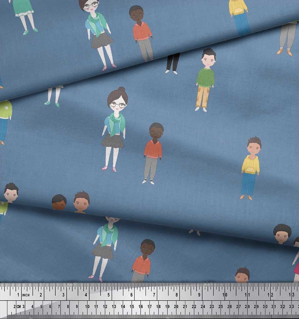 Soimoi Blue polyester Crepe Fabric Human Group Print Fabric by Yard 42 ...