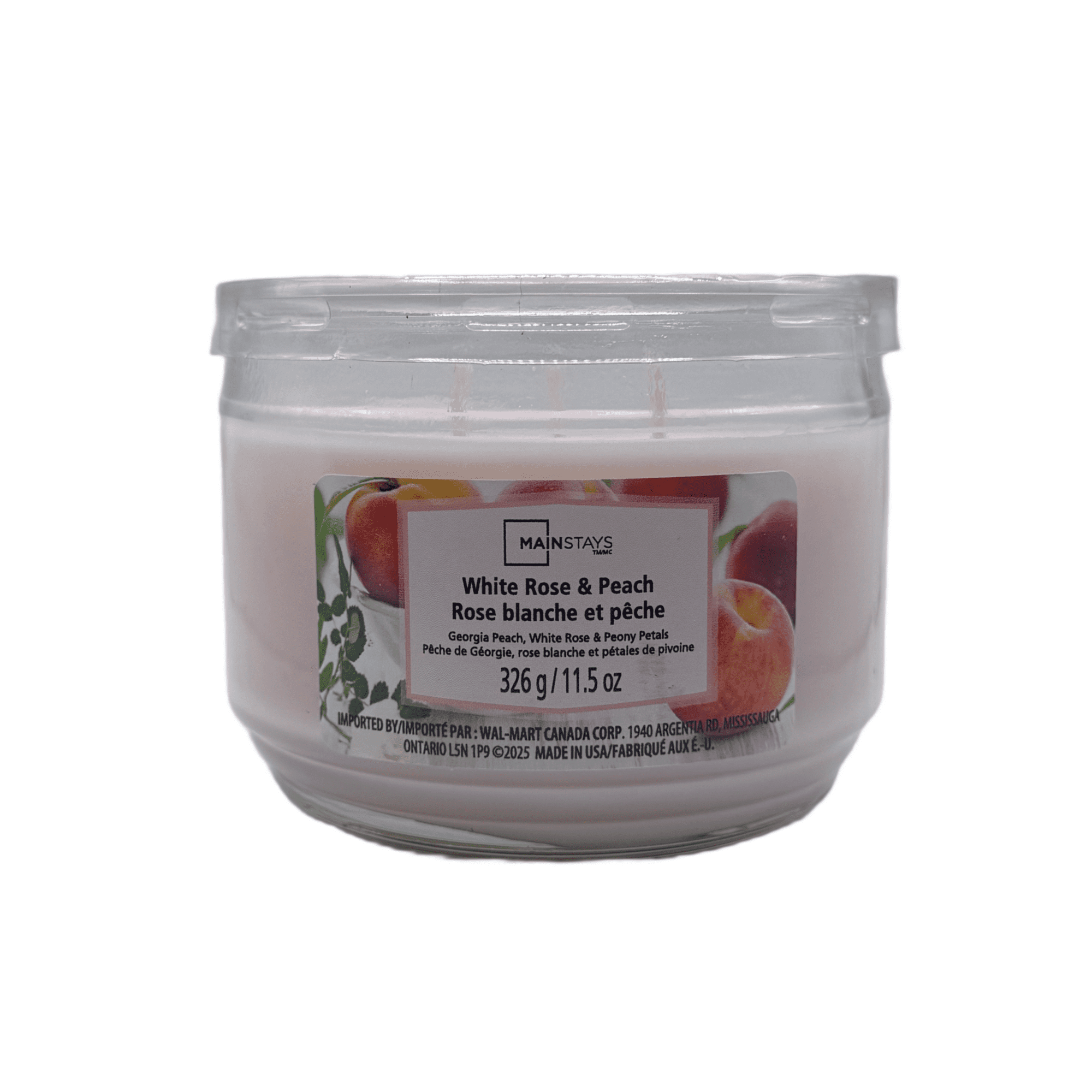 Click here for Mainstays Pl White Rose & Peach Scented 3-Wick Gla... prices