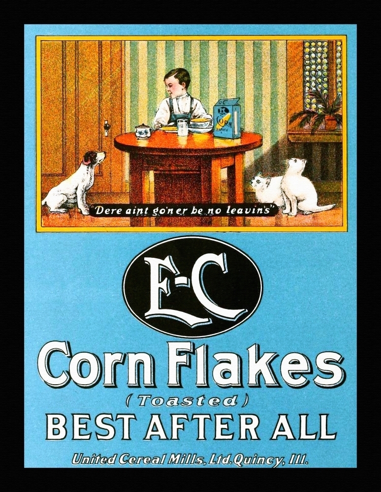 Vintage food advertising poster for E-C toasted Cornflakes, "Best After ...