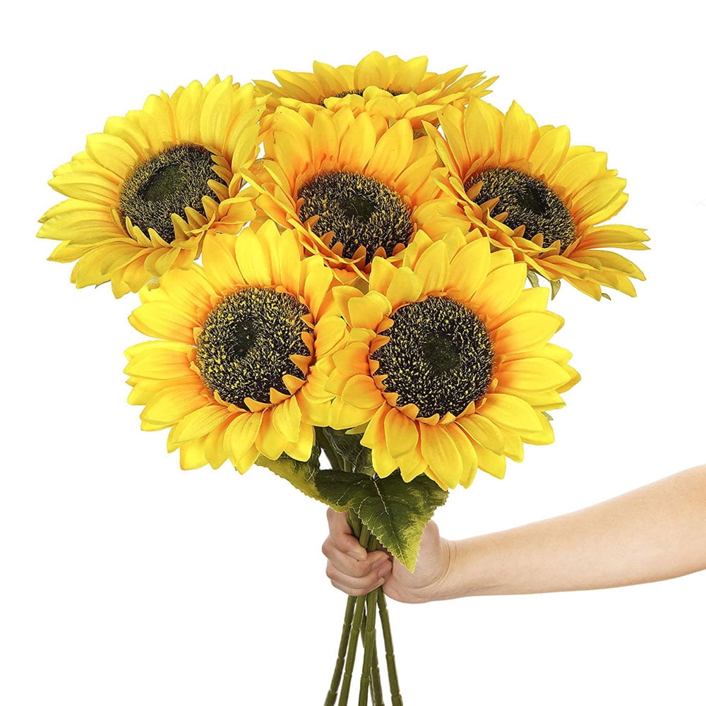 Aosijia 6 Pcs Artificial Sunflower Flowers Long Stem Silk Fake ...