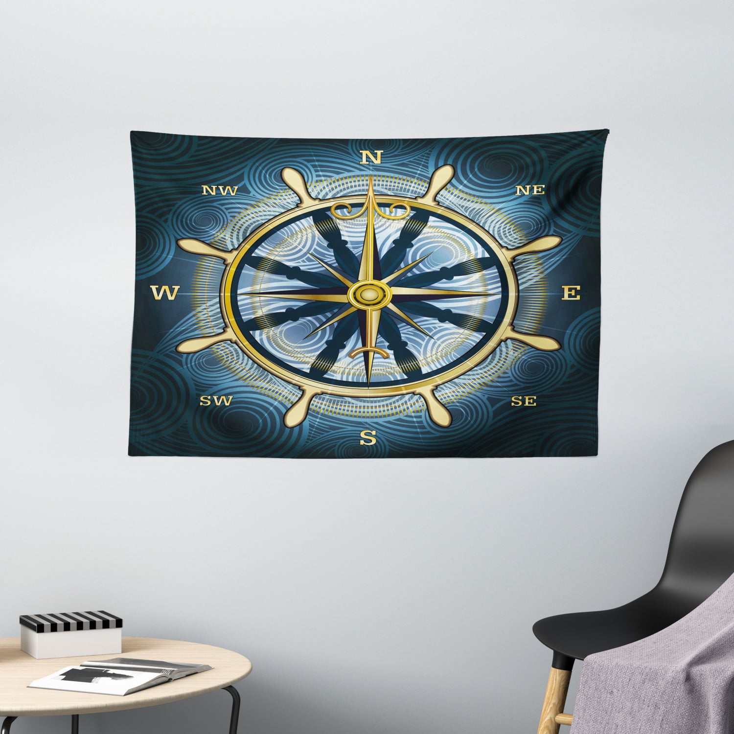 Compass Tapestry, Navigation Golden Compass with Windrose and Helm on a ...
