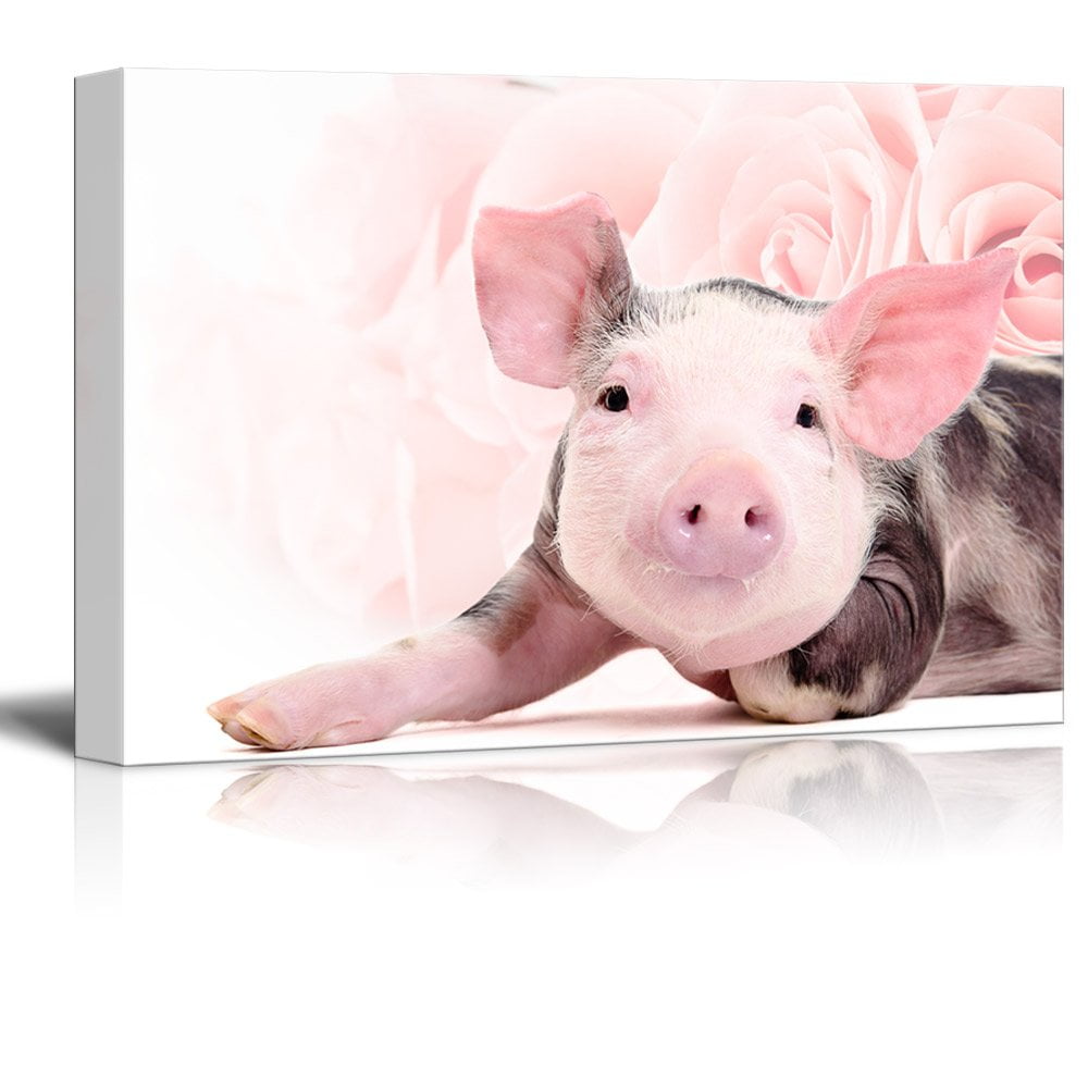 wall26 Canvas Print Wall Art Pink Pig Portrait with Rose Flower Collage ...