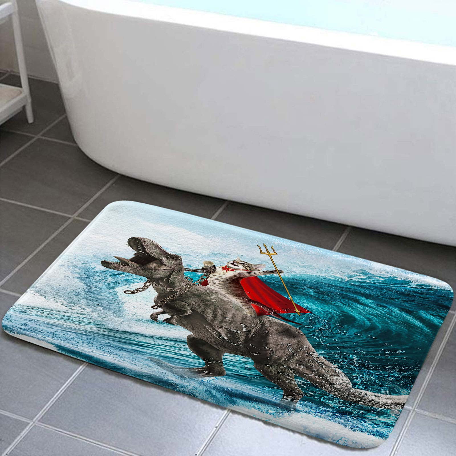Funny Cat Bath Mat, Cute Kitty with Fish Riding Dinosaur Bath Rug for ...