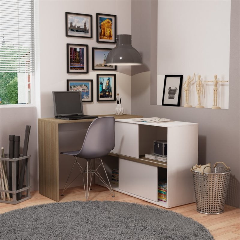 Manhattan Comfort Bari Bookcase Desk with 4 Shelves in Oak and White ...