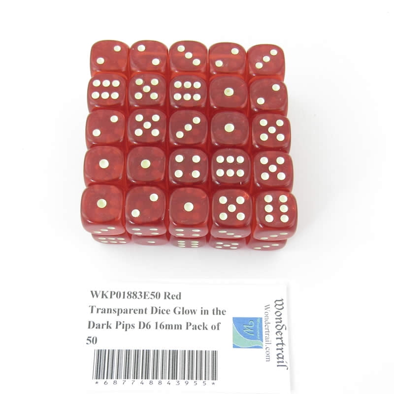 Red Transparent Dice with Glow in the Dark Pips D6 16mm (5/8in) Pack of ...