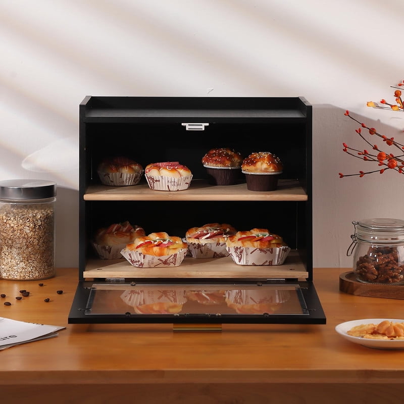 Tropow Bread Box Bamboo Bread Box With Double Layers & Clear Window - Large Countertop Bread Storage Organizer For Loaves  Pastries & Baked Goods  Far