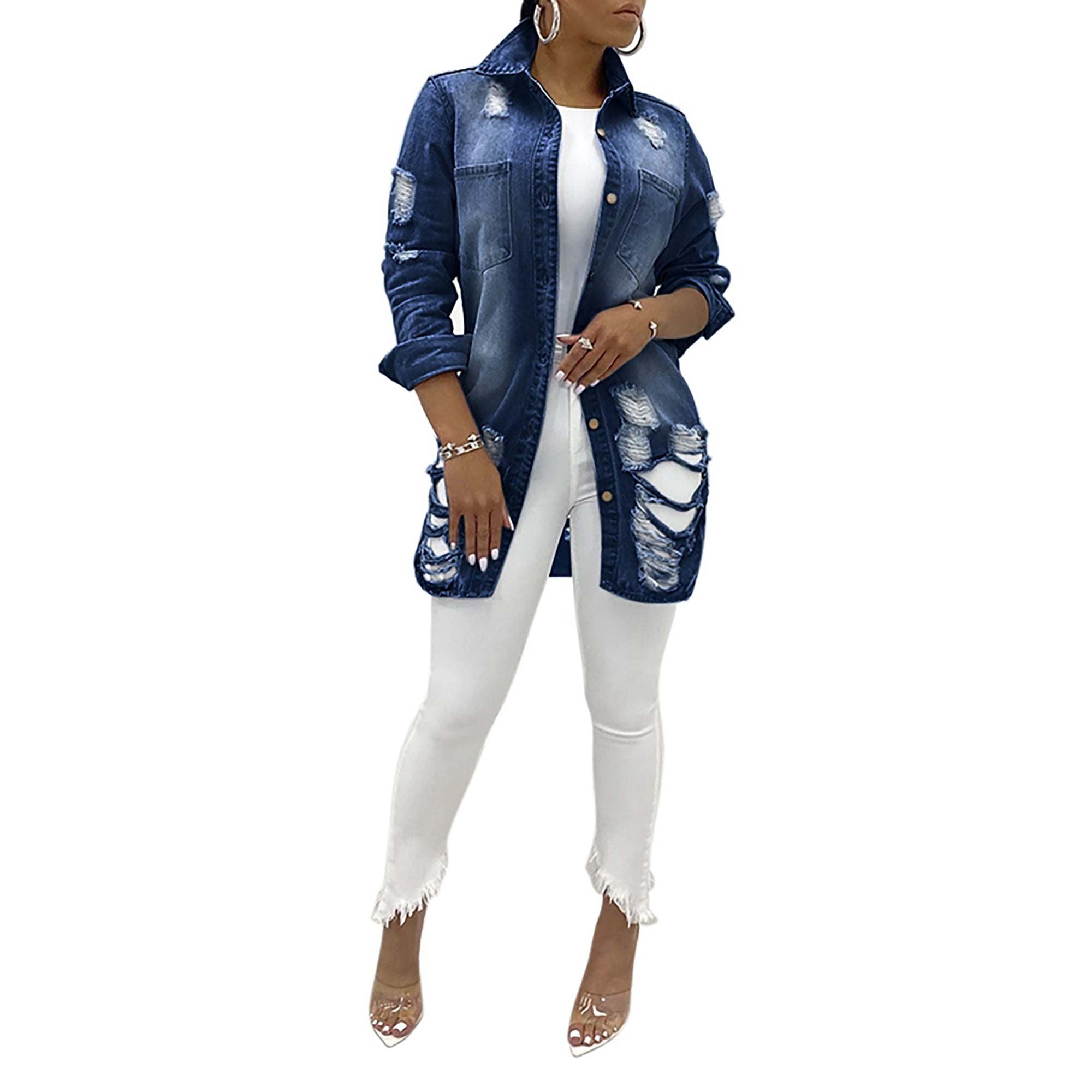 Click here for Luxur Women Distressed Denim Trucker Jackets Hole... prices