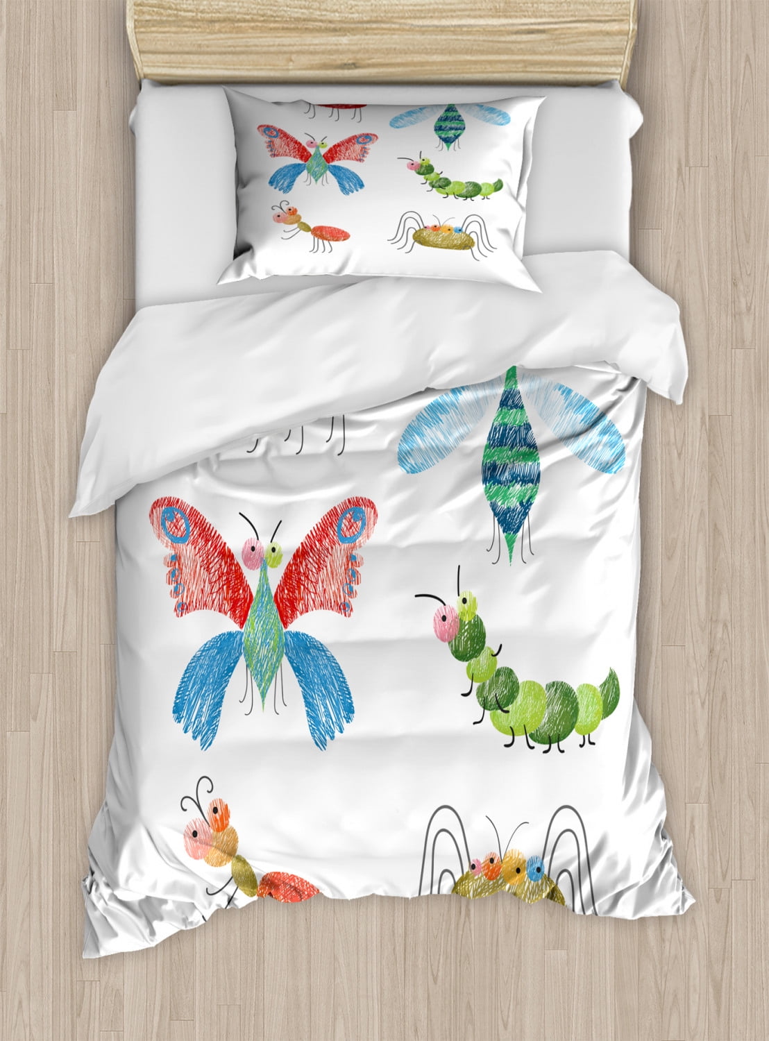 Animals Duvet Cover Set Twin Size, Hand Drawn Bugs with Pencil Marks ...