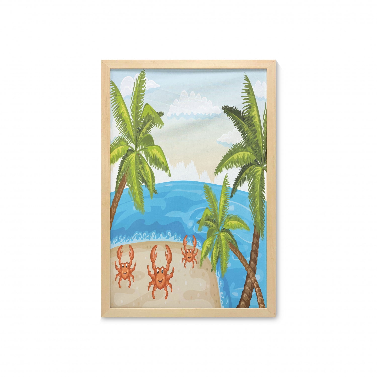 Crabs Wall Art with Frame, Cartoon Style Illustration of the Palm Trees ...