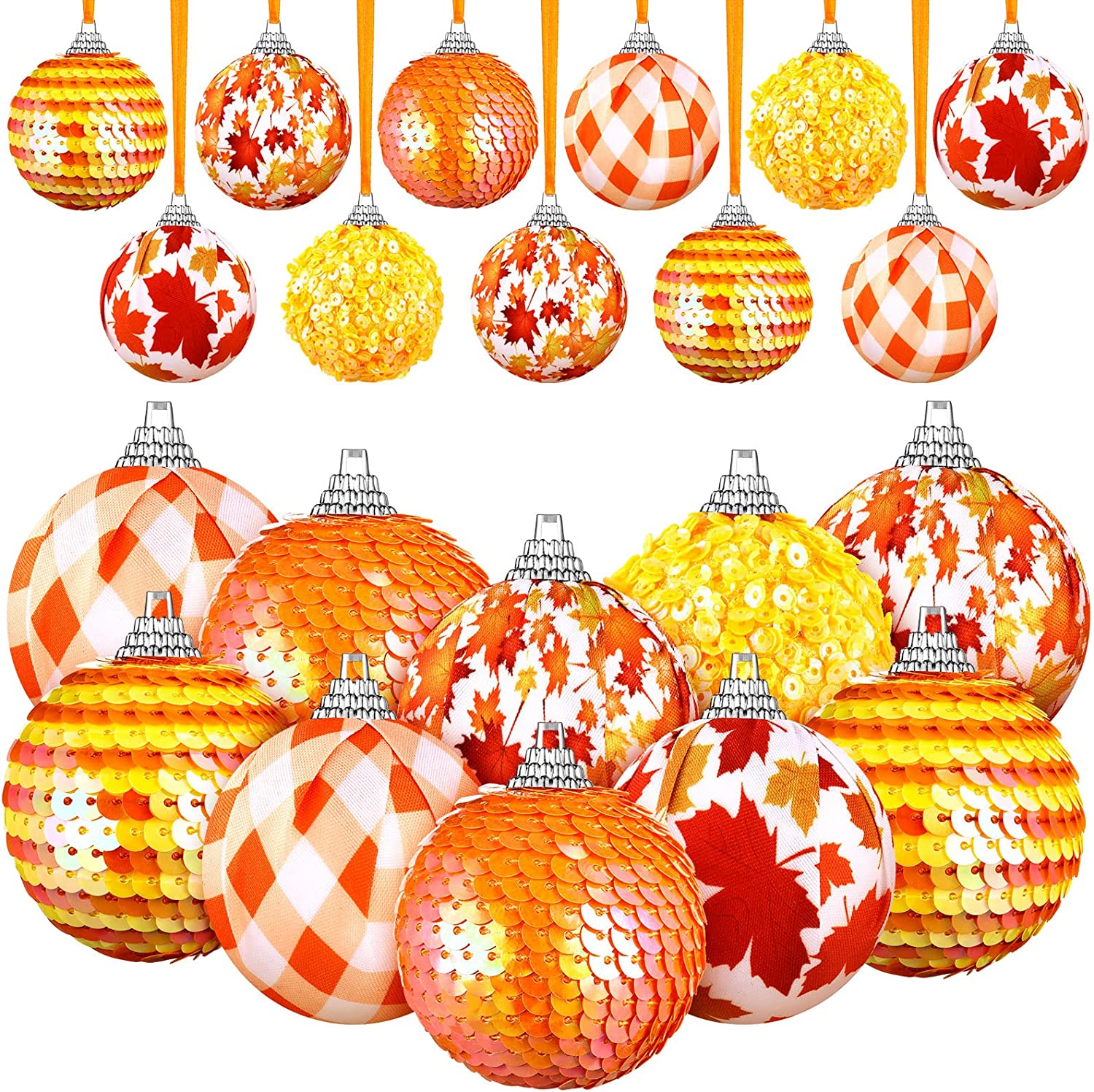 12 Pieces Fall Thanksgiving Day Ball Ornament, Maple Leaf Check Fabric ...