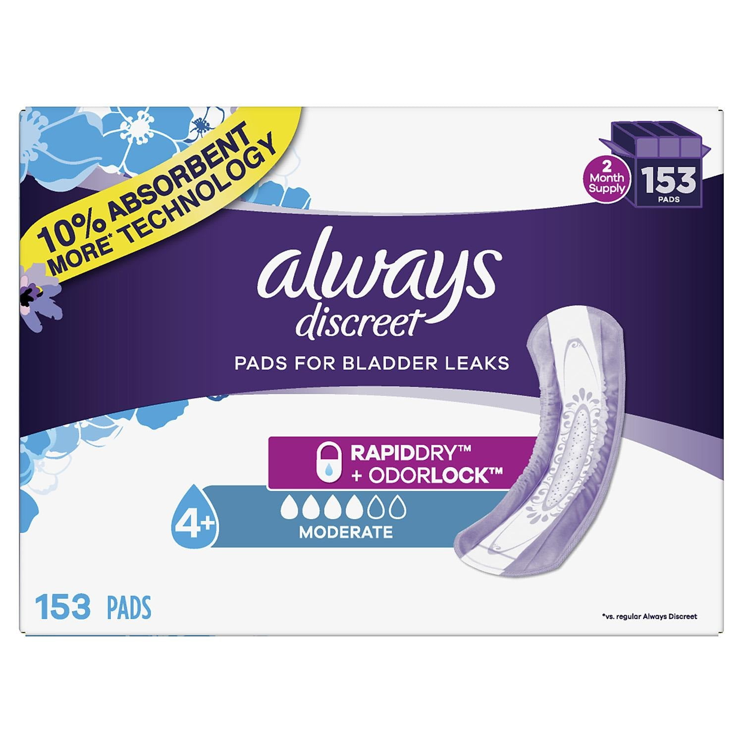 Always Discreet Incontinence Pads, Moderate Absorbency (153 ct ...