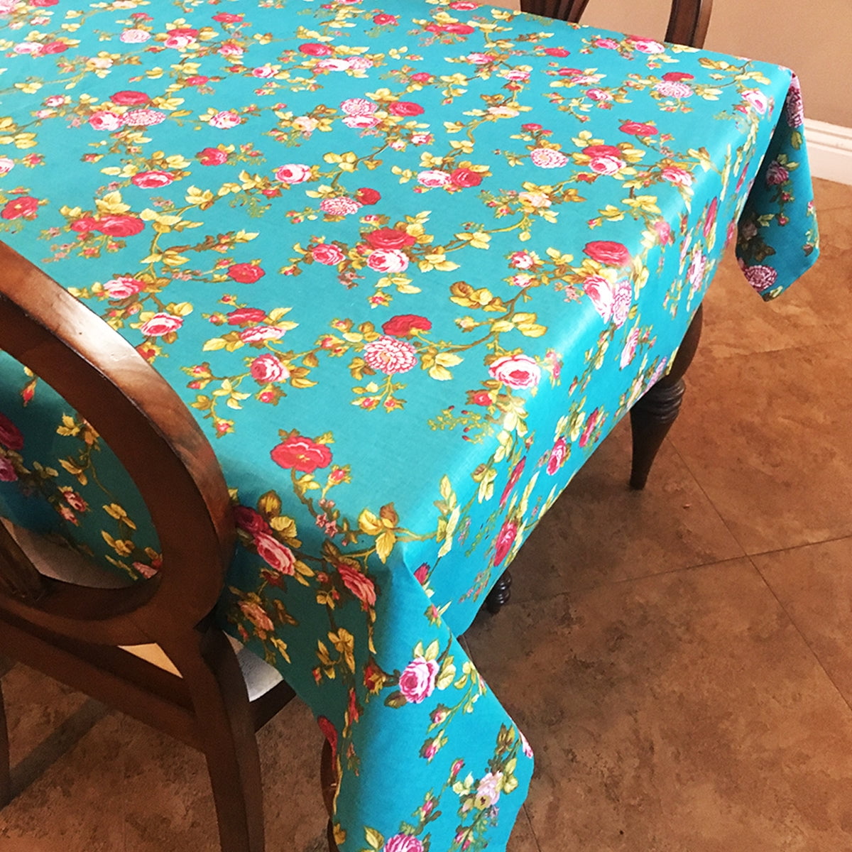 Cotton Tablecloth Floral Print Vintage Floral Large Roses Teal Blue ...