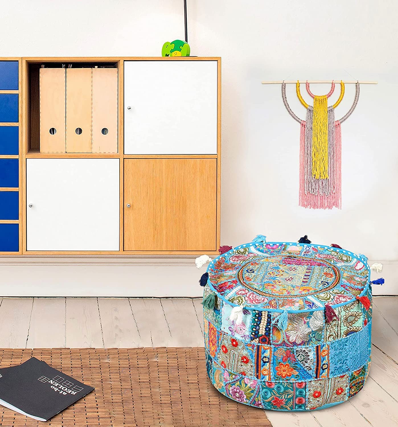 Avgari Creation Round Indian Pouf Footstool, Ethnic Embroidered Cotton ...