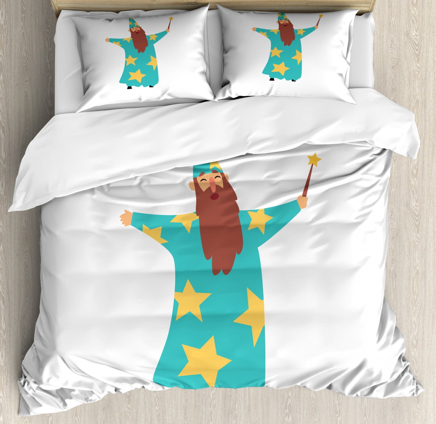 Wizard Duvet Cover Set King Size, Cheerful Man with Long Beard in Blue ...