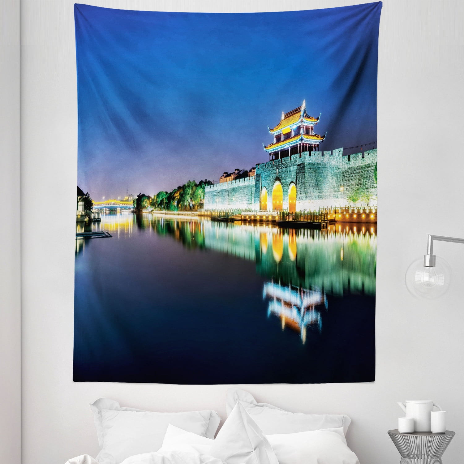 City Tapestry, Antique Asian Building Calm River Reflections Night Scenery Historic Garden ...